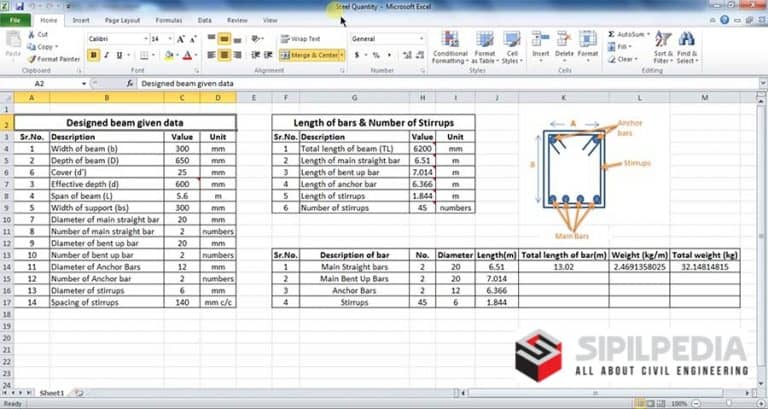 Bar Bending Schedule Estimate Reinforcement Quantity for a Beam using Microsoft Excel | Sipilpedia