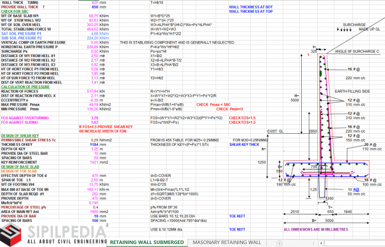 RCC Retaining Wall(Cantilevertype) Max 6.0 Mtr Height Incl Column Load ...