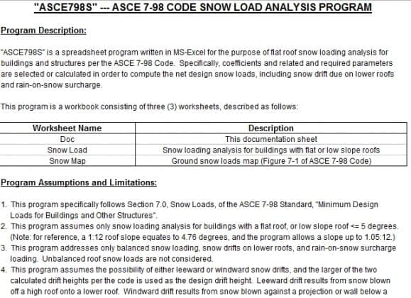 “ASCE798S” ASCE 7-98 CODE SNOW LOAD ANALYSIS PROGRAM | Sipilpedia
