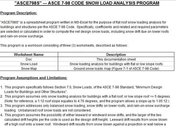 “ASCE798S” ASCE 7-98 CODE SNOW LOAD ANALYSIS PROGRAM | Sipilpedia