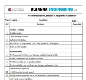 Accommodation, Health & Hygienic Inspection Checklist | Sipilpedia