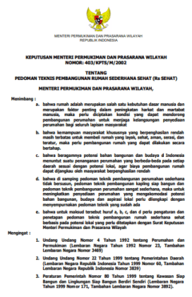 KEPUTUSAN MENTERI PERMUKIMAN DAN PRASARANA WILAYAH NOMOR: 403/KPTS/M/2002 TENTANG PEDOMAN TEKNIS ...