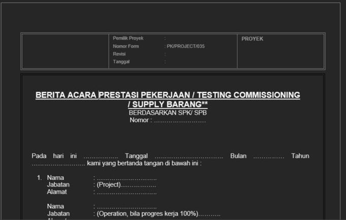 Form-BA PRESTASI PEKERJAAN, TEST COMM, SUPPLY BR | Sipilpedia
