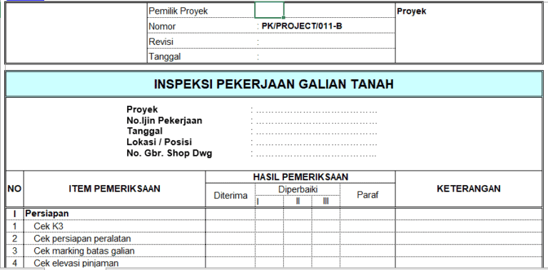 Form-Inspeksi pekerjaan galian tanah | Sipilpedia