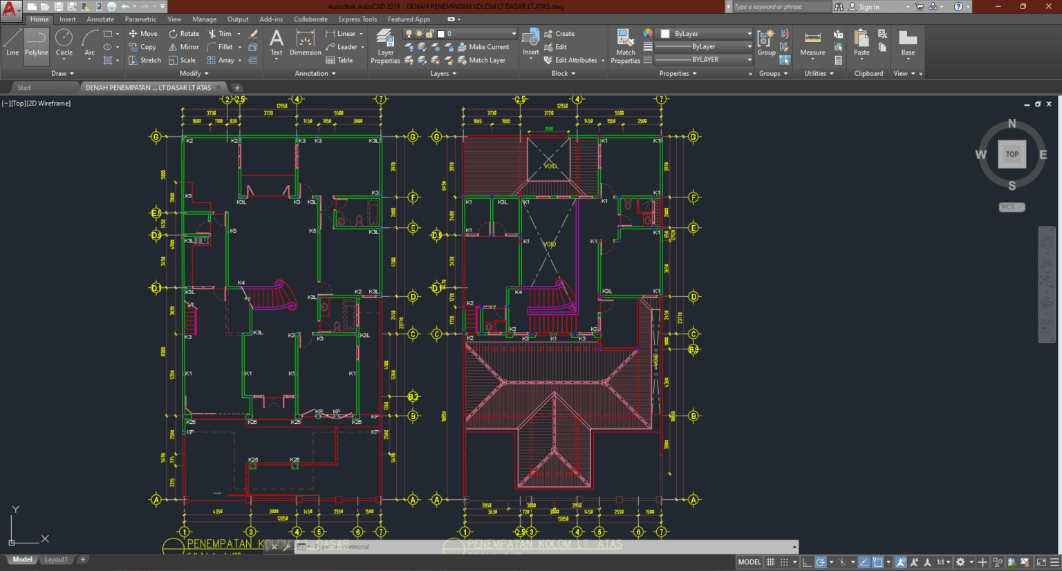 Denah dan Gambar CAD Arsitek Gambar Kerja Rumah Tinggal 2LT_DENAH PENEMPATAN KOLOM LT DASAR LT ...