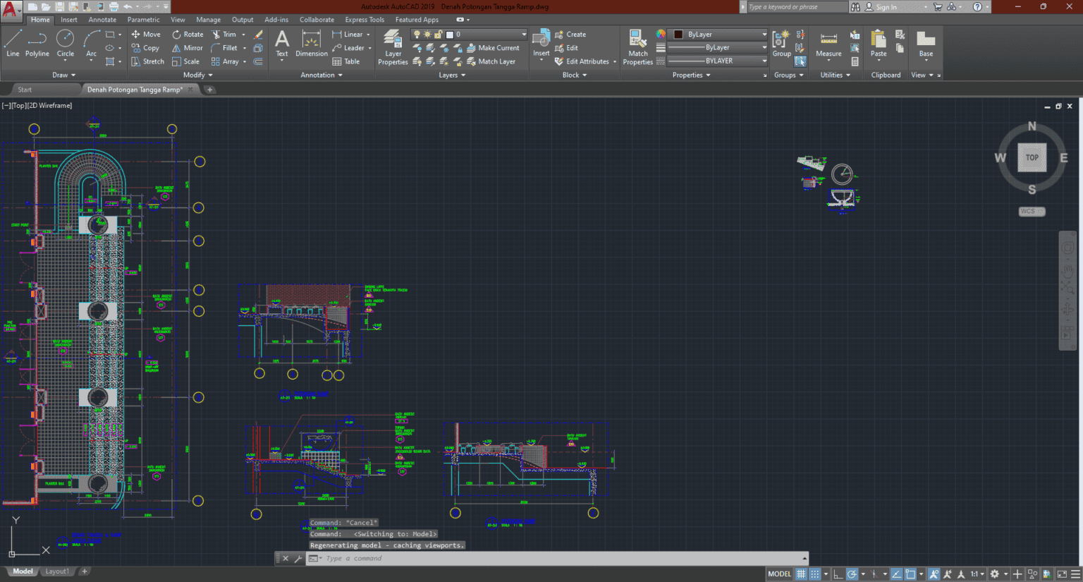 Denah dan Gambar CAD Arsitek Detail Tangga_Denah Potongan Tangga Ramp ...