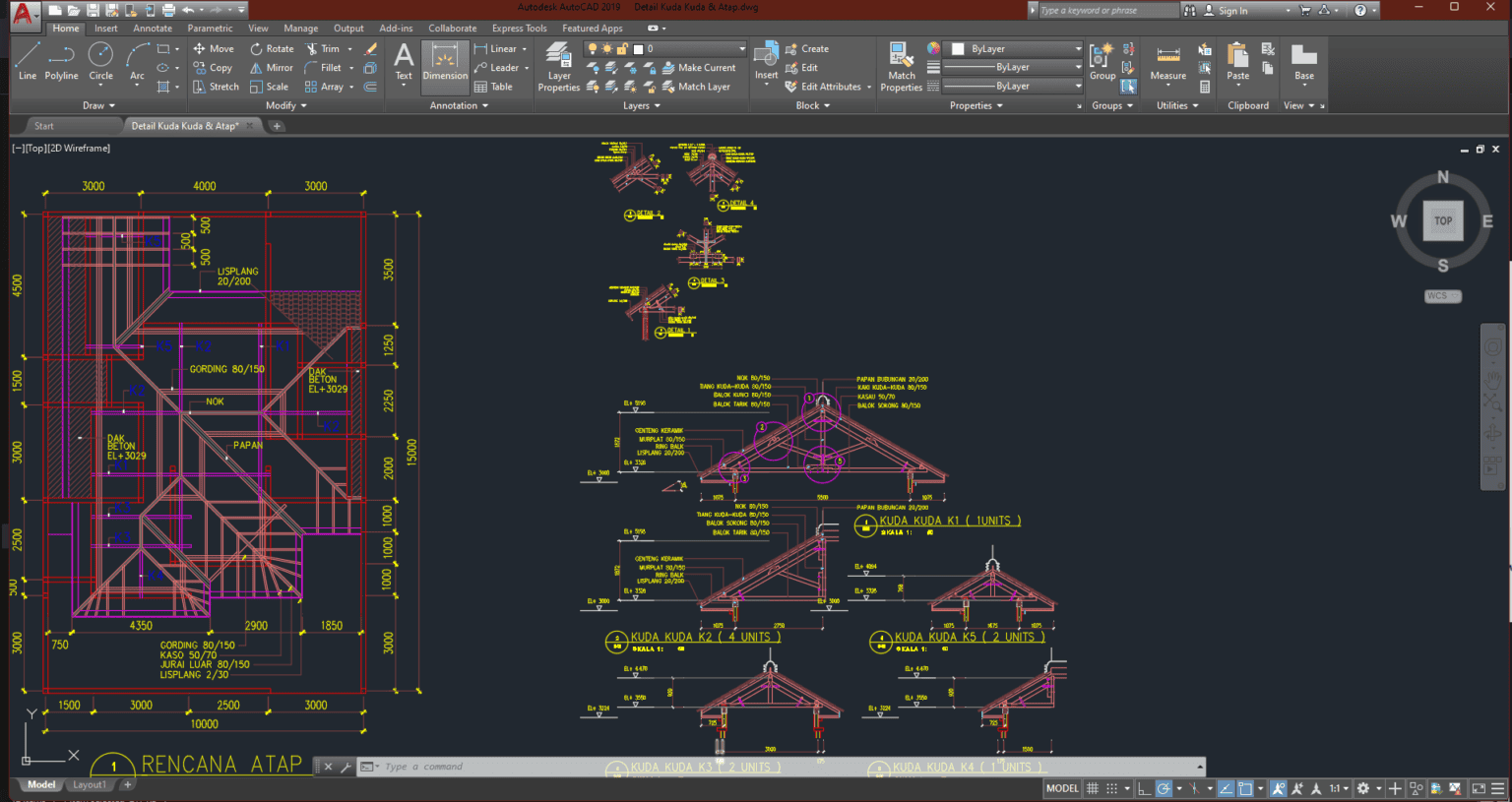 Denah dan Gambar CAD Arsitek Detail Atap_Detail Kuda Kuda & Atap ...