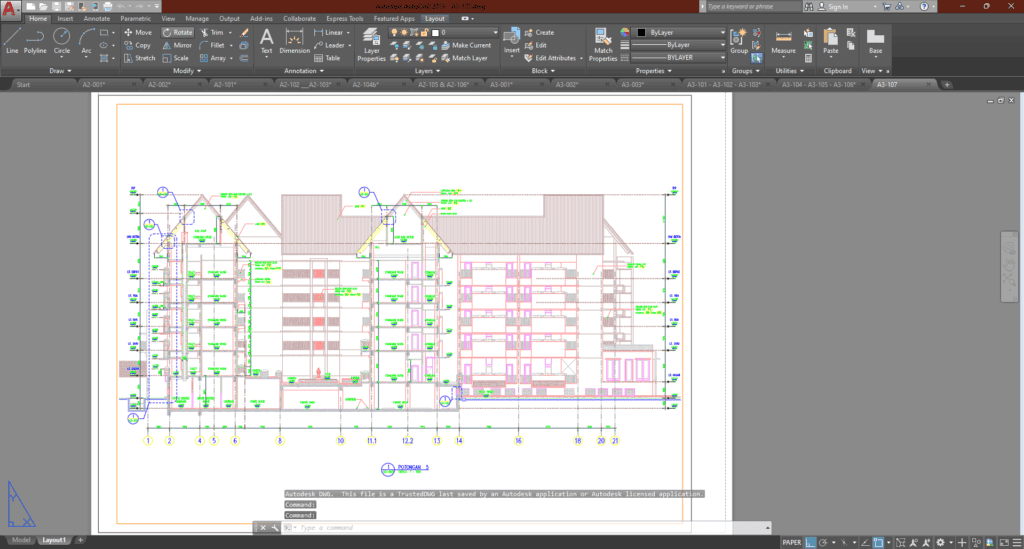Denah dan Gambar CAD High Building Hotel_Tampak dan Potongan A3-107 ...