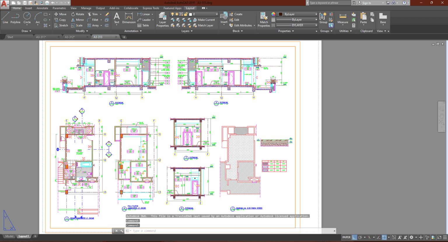 Denah dan Gambar CAD High Building Hotel_Type Kamar A3-313 | Sipilpedia