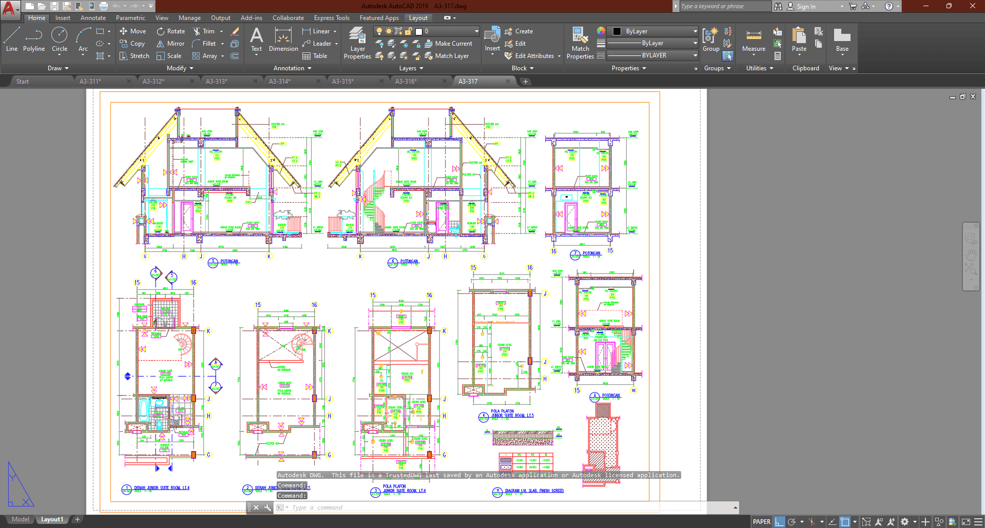 Denah dan Gambar CAD High Building Hotel_Type Kamar A3-317 | Sipilpedia