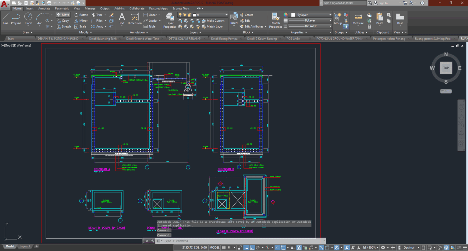 Denah dan Gambar CAD_Gambar Kerja Bangunan Swiming Pool-RUANG POMPA ...